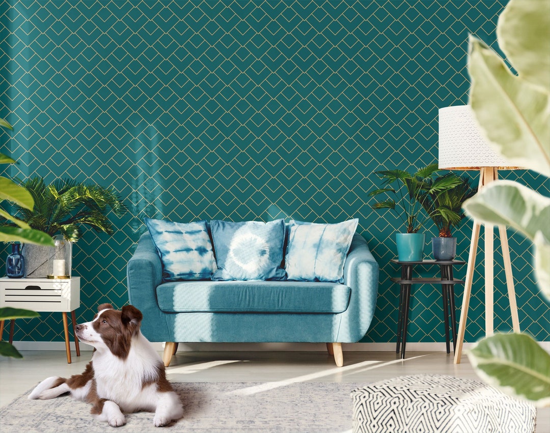 Turquoise Vintage Retro Art Deco Geometric Square Pattern Wallpaper ...