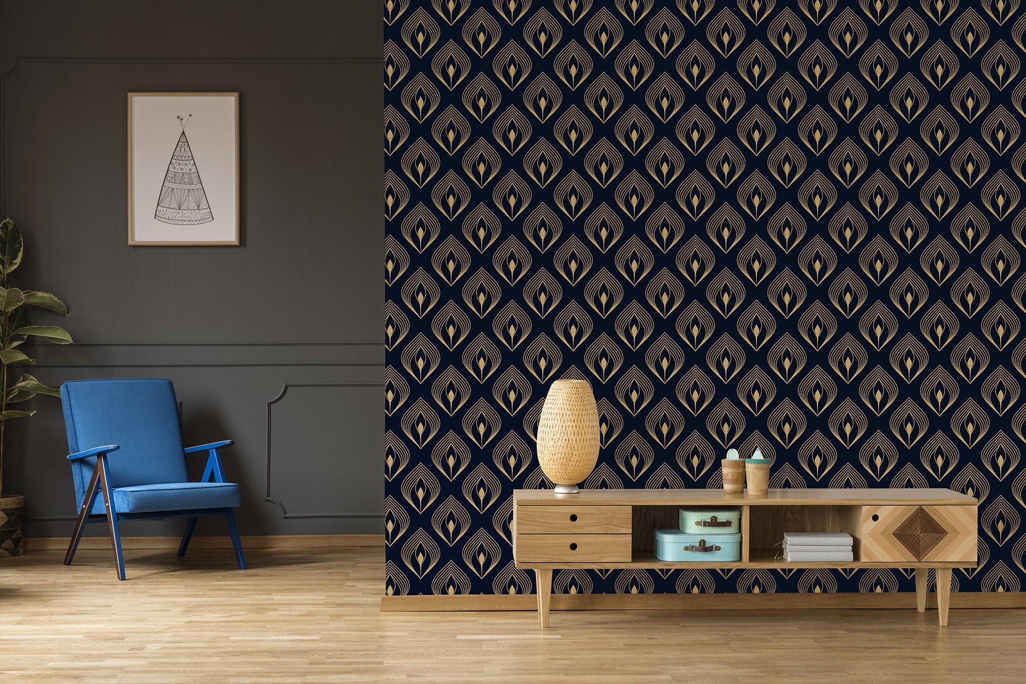 Navy Wallpaper With Small Yellow Geometric Pattern, Self Adhesive, Peel ...
