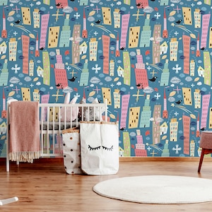 Blue Wallpaper With Colorful Cartoon Buildings || for Kids, Self ...