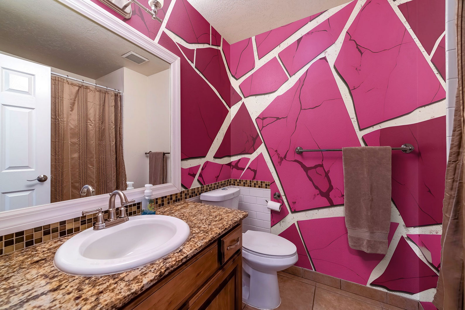 Magenta Cracked Tiles Wallpaper, Big Terrazzo Pattern, Abstract Stone ...