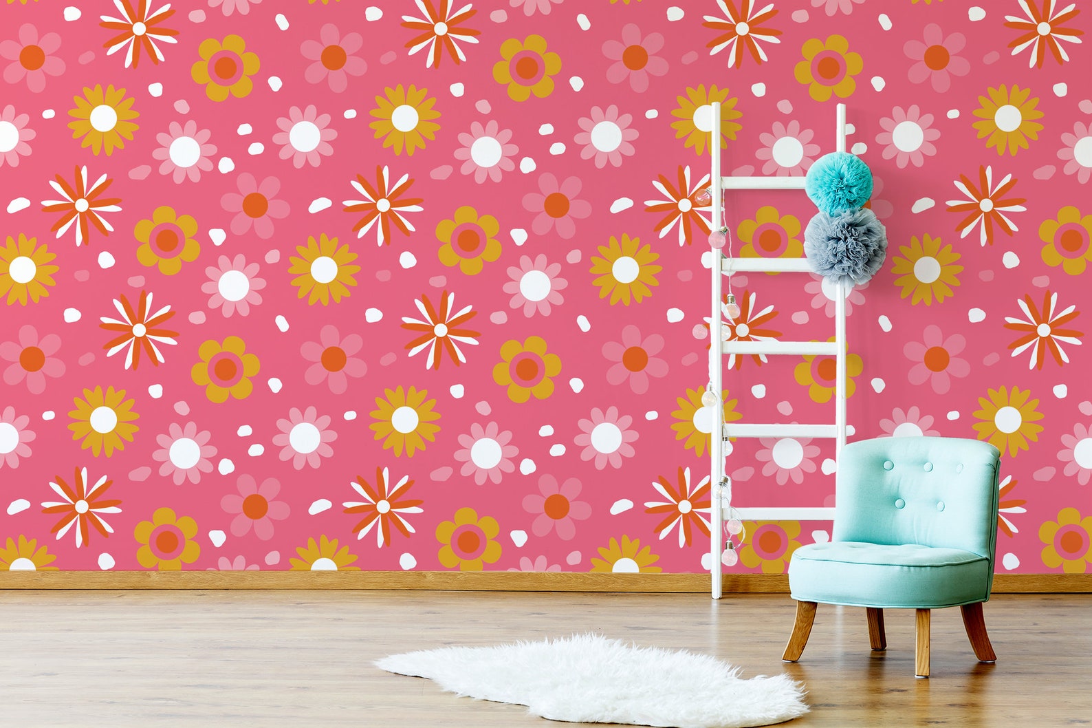 Pink Childish Wallpaper With Flowery Big Pattern for Kids | Etsy