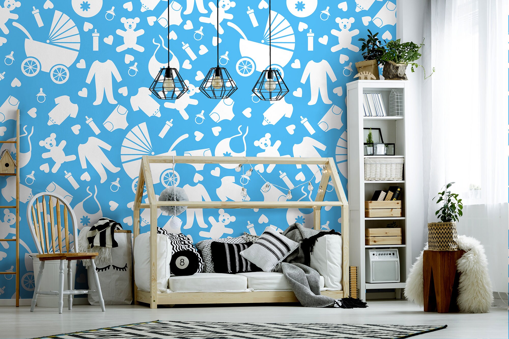 Blue Wallpaper With Baby Pattern, Self Adhesive, Peel and Stick Wall ...