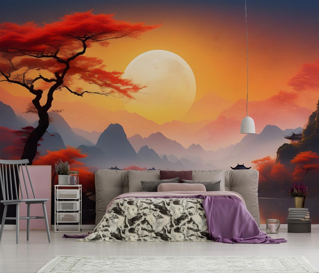 Sunset Landscape Wallpaper, Abstract Wall Mural • Peel and Stick *self ...