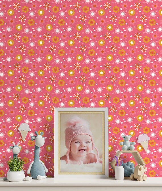 Pink Childish Wallpaper With Flowery Pattern for Kids Self | Etsy
