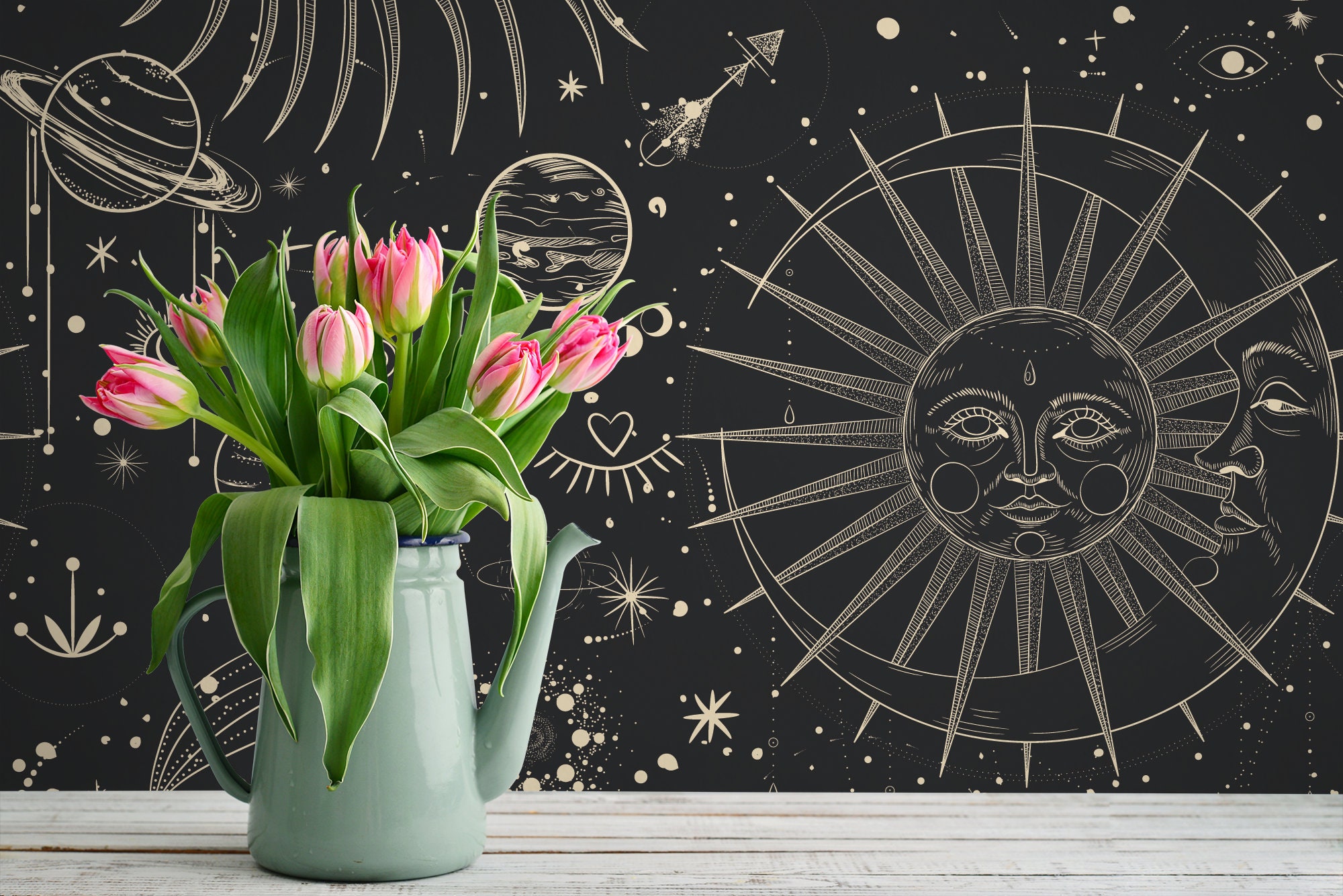 Dark Cosmic Pattern Wallpaper Peel and Stick Floral Wall - Etsy