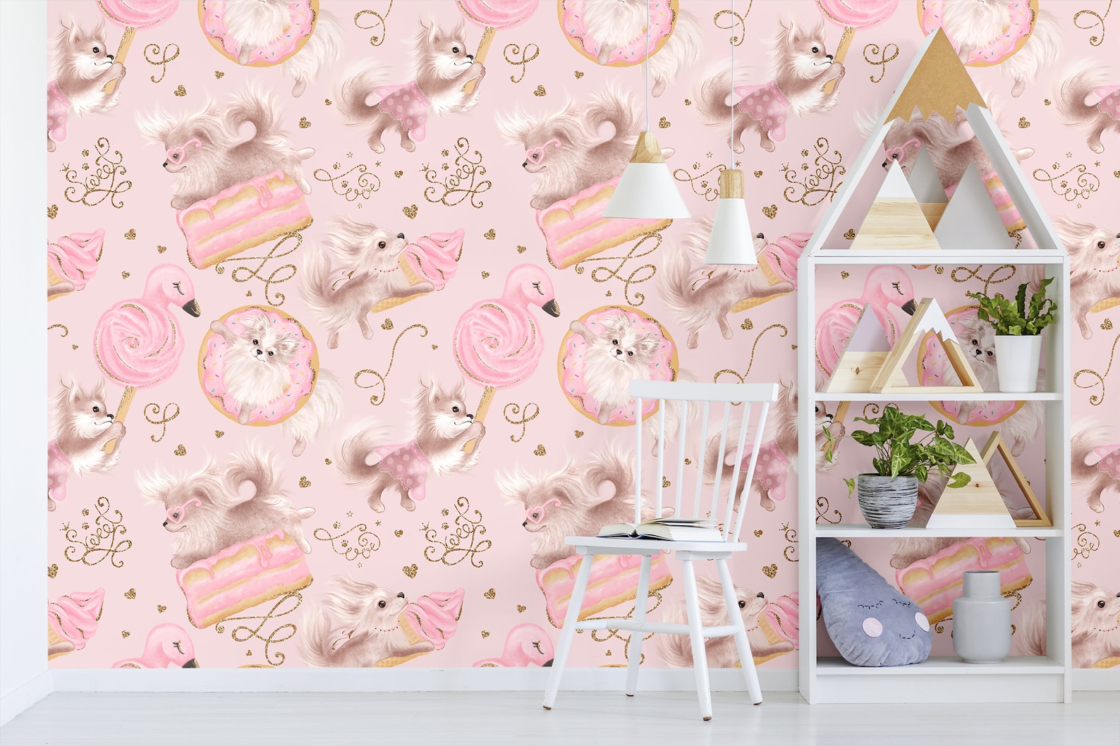 Cute Pink Wallpaper With Dogs and Sweets for Kids Self - Etsy