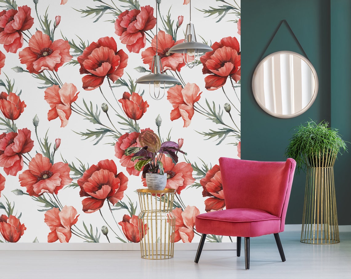 Watercolor Wallpaper With Poppy Field Flower Self Adhesive - Etsy