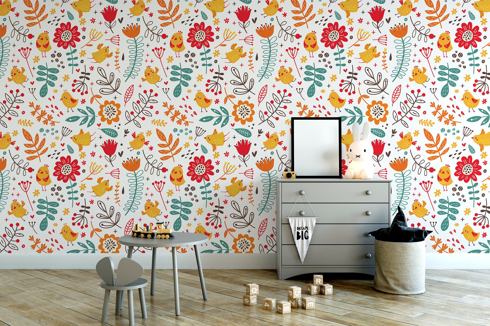 Colorful Cartoon Wallpaper With Flowers and Birds for Kids - Etsy