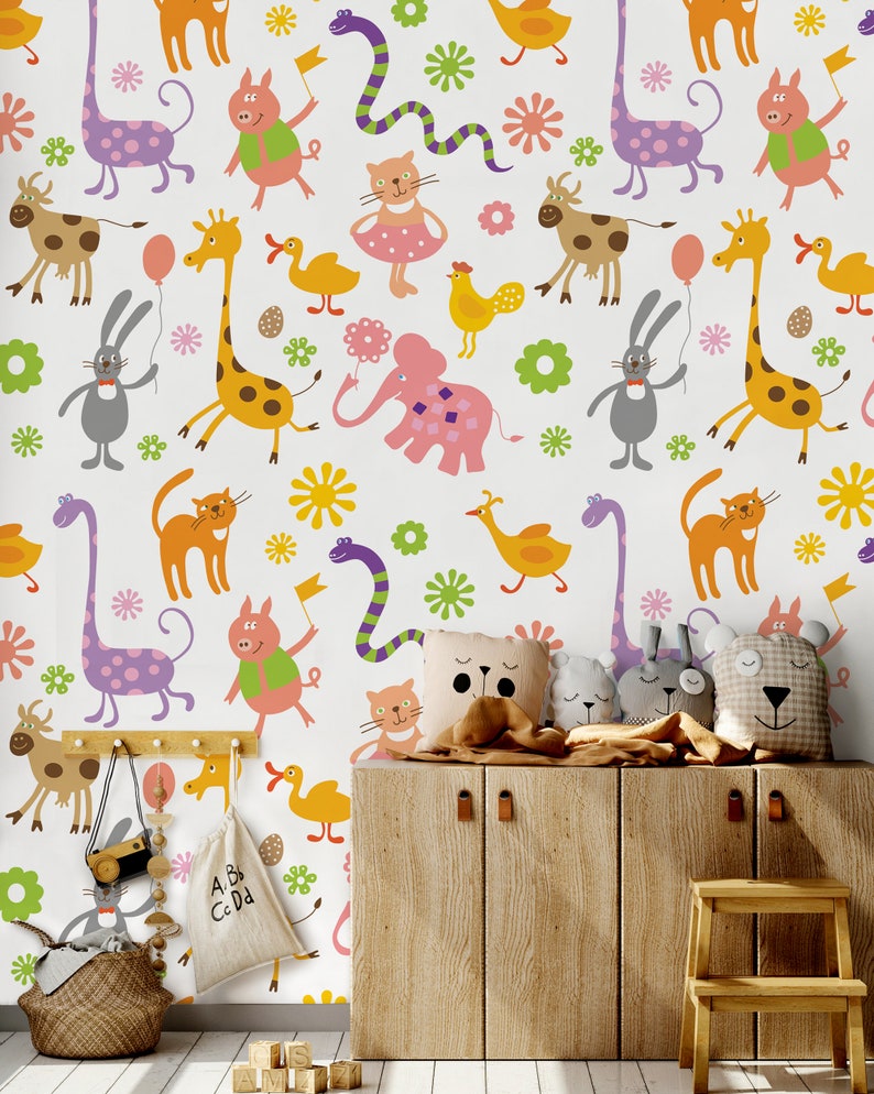 Colorful Funny Cartoon Animal Pattern Wallpaper for Kids - Etsy
