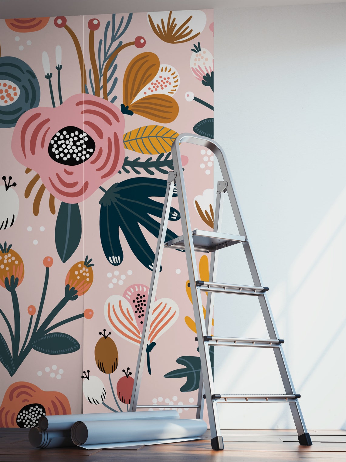 Pink Cartoon Wallpaper With Flower Pattern for Kids Self - Etsy