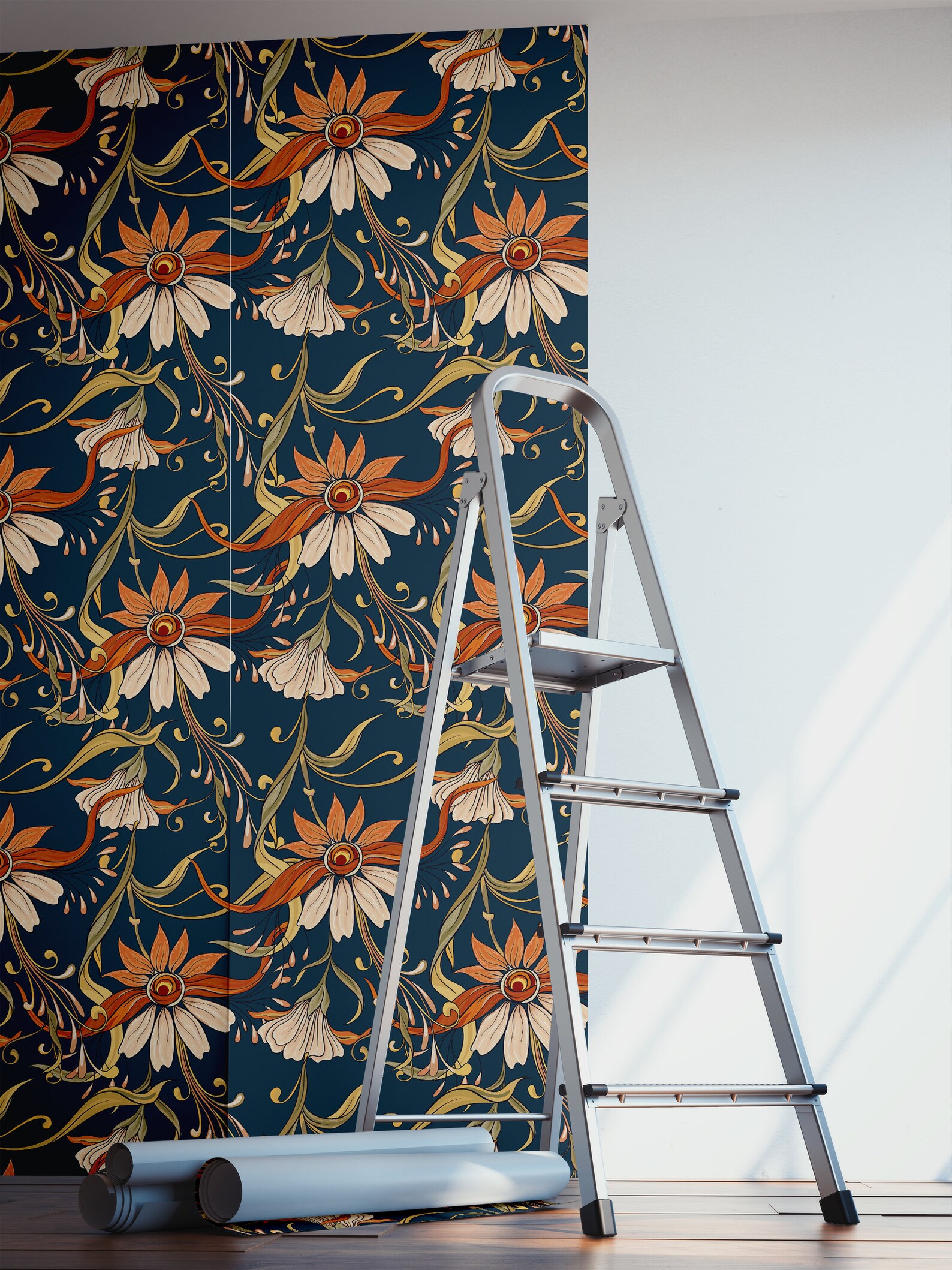 Blue Wallpaper With Elegant Orange Floral Pattern Self - Etsy