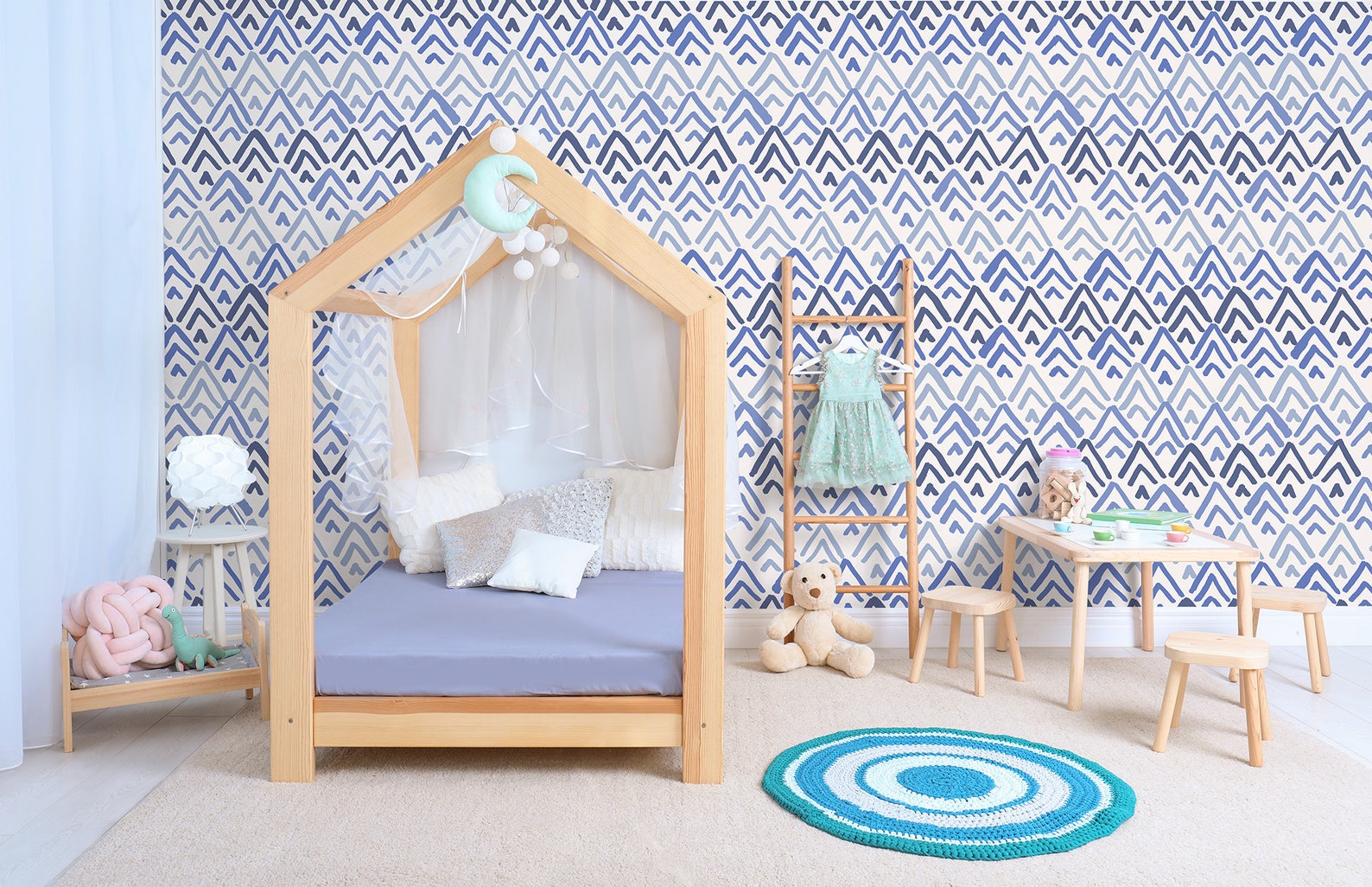 Blue Geometric Conifer Tree Pattern Wallpaper for Kids | Etsy