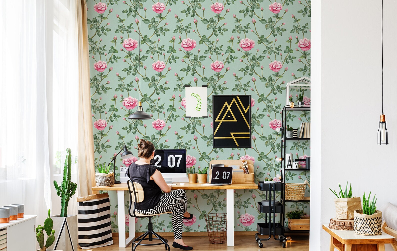 Mint green wallpaper with beautiful pink blooming roses - Etsy Polska