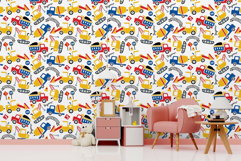 Truck and Digger Pattern Wallpaper, Wallpaper for Kids, Self Adhesive ...