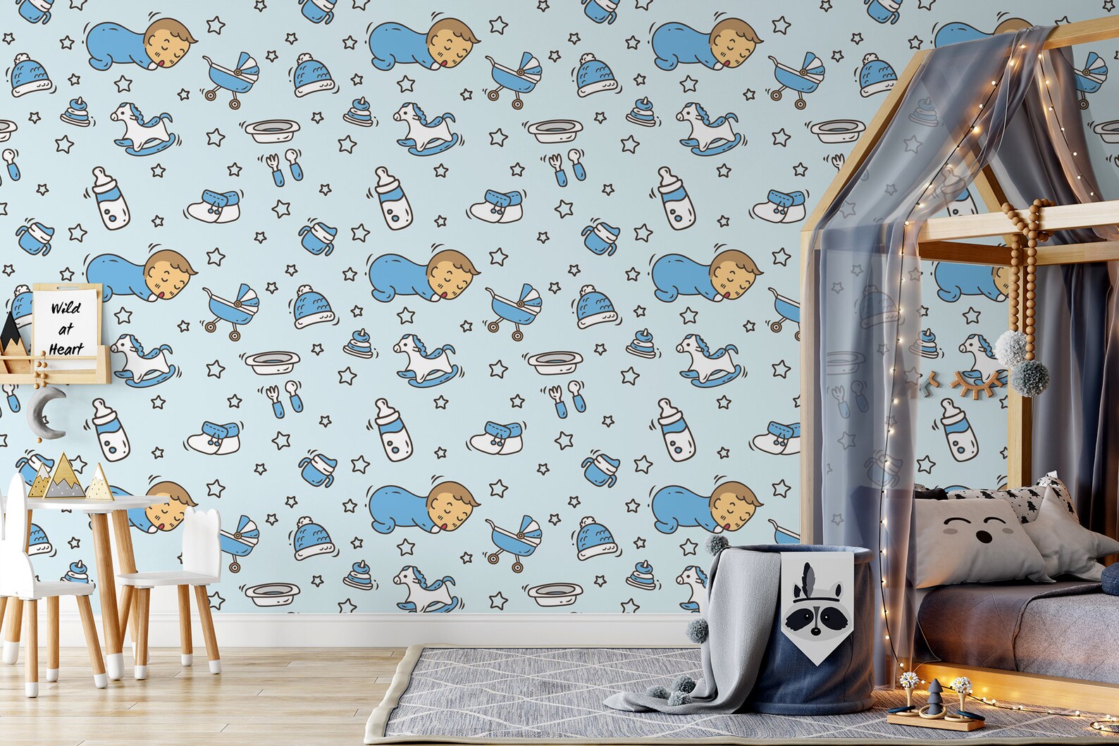 Blue Wallpaper With Sleeping Baby and Toys Pattern for | Etsy