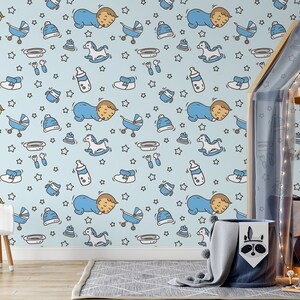 Blue Wallpaper With Sleeping Baby and Toys Pattern || for Kids, Self ...
