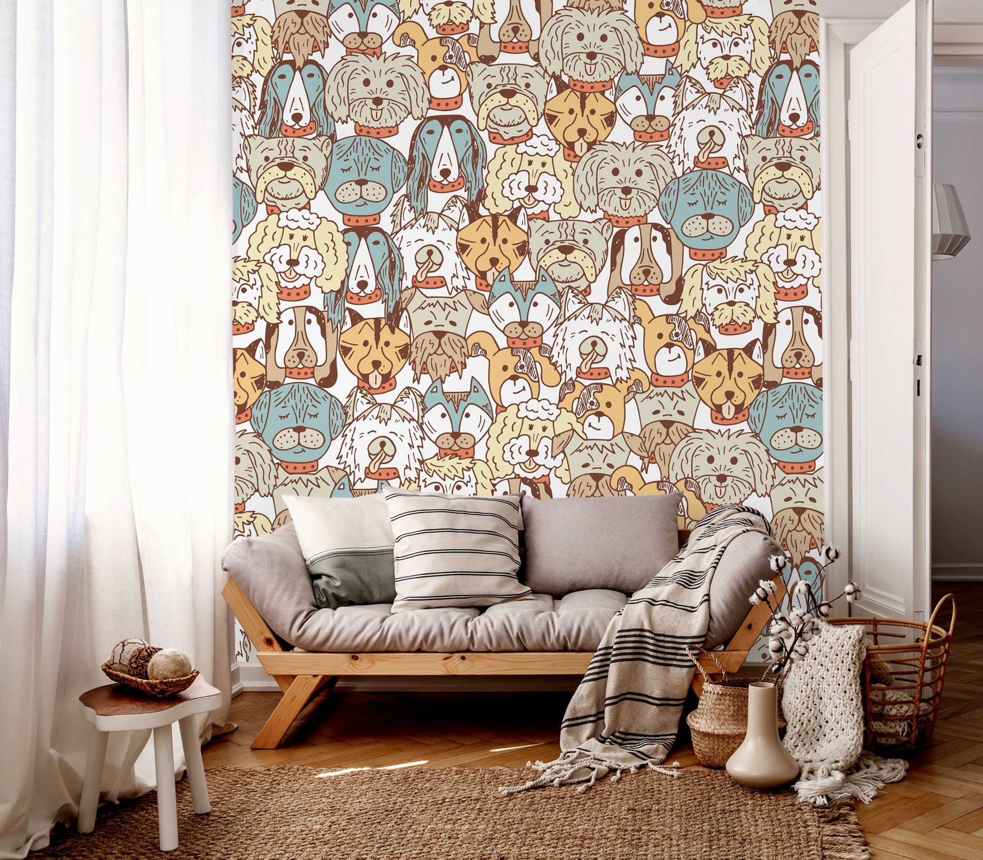 Colorful Abstract Wallpaper With Cartoon Dogs for Kids | Etsy