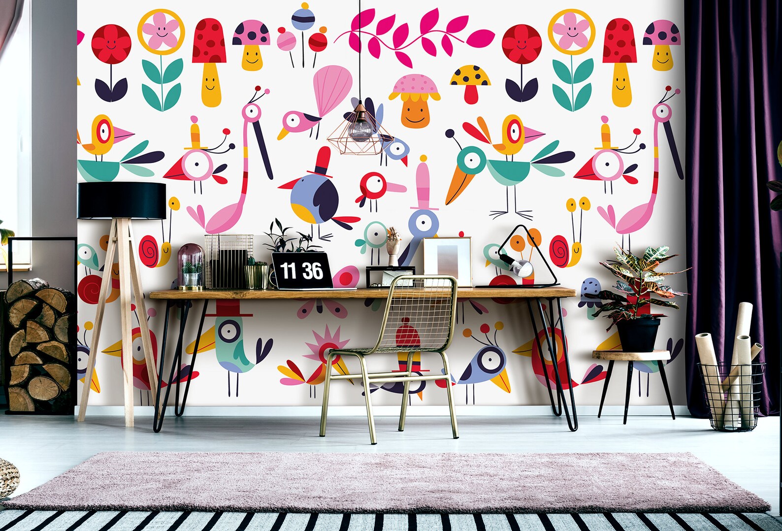 Colorful wallpaper with funny cartoon birds For Kids self | Etsy