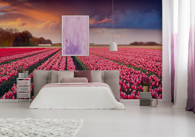 Pink Tulip Farm Wallpaper || Peel and Stick Floral Wall Mural - Etsy