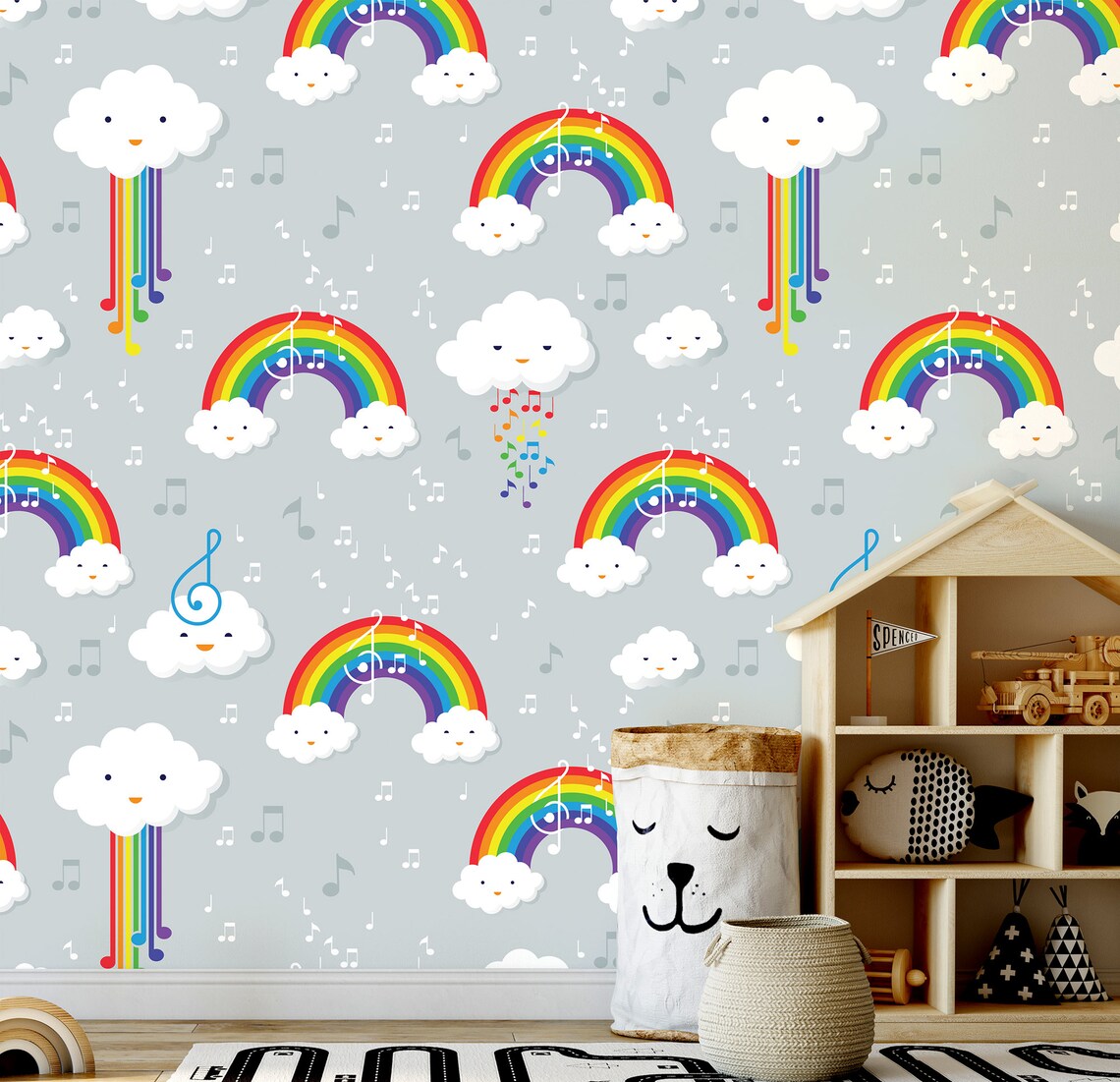 Gray Wallpaper With Rainbows and Clouds Wallpaper for Kids | Etsy