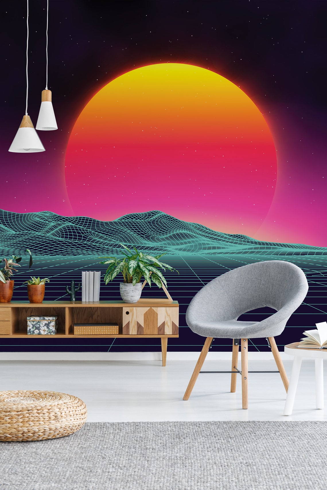 Retro Space Sunset Wallpaper 80's Style Self Adhesive - Etsy