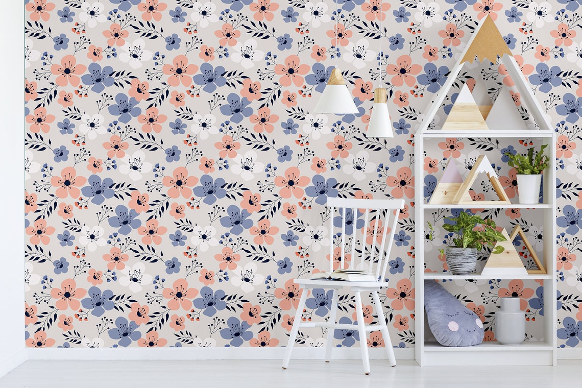 Wallpaper With Pink and Blue Floral Pattern Self Adhesive - Etsy
