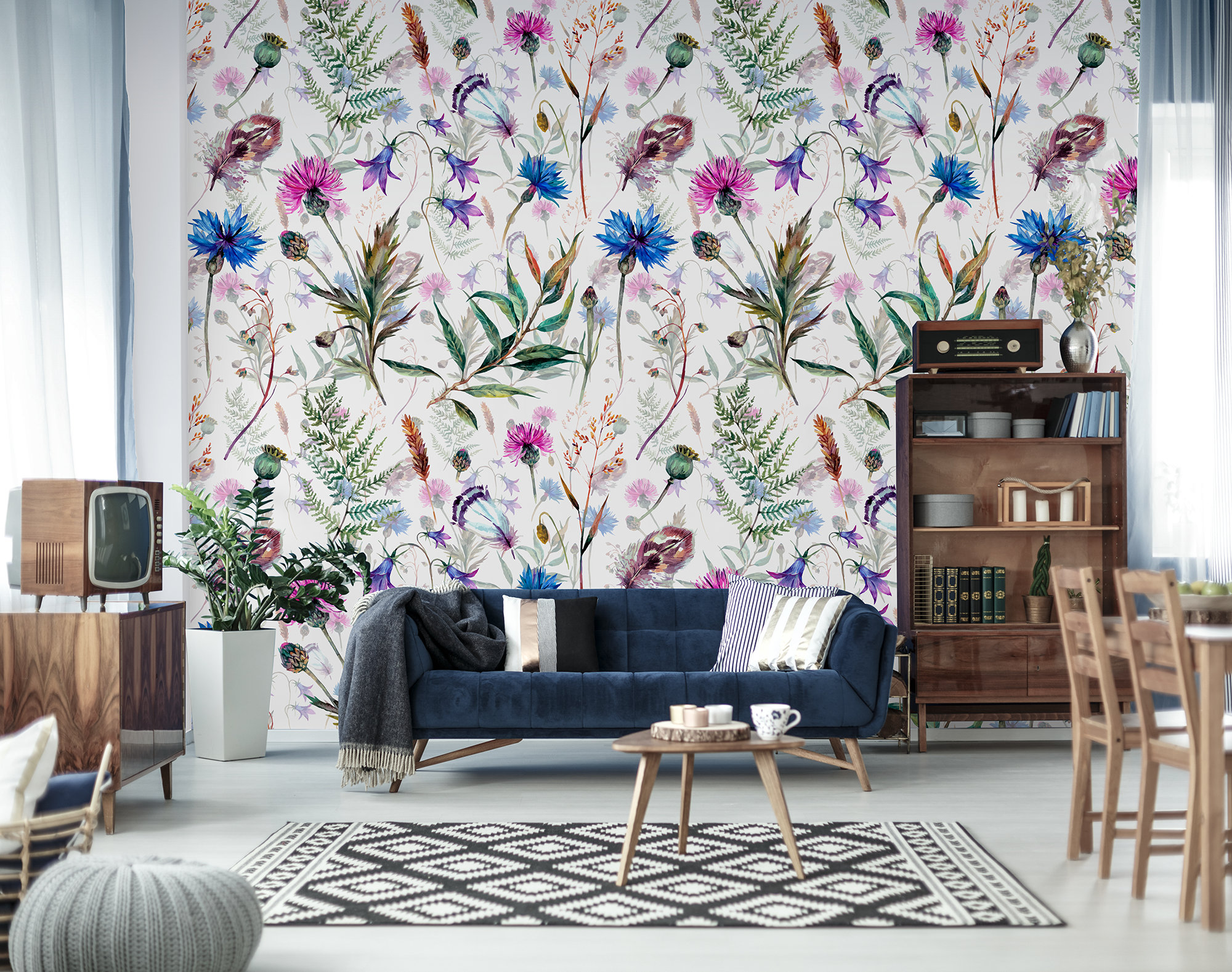 Botanical Wallpaper With Colorful Wildflowers Self Adhesive - Etsy