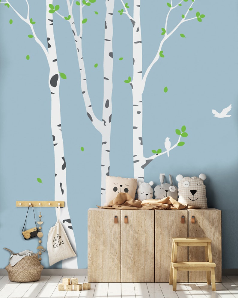 Light Blue Wallpaper With Birch Trees and Birds for Kids | Etsy