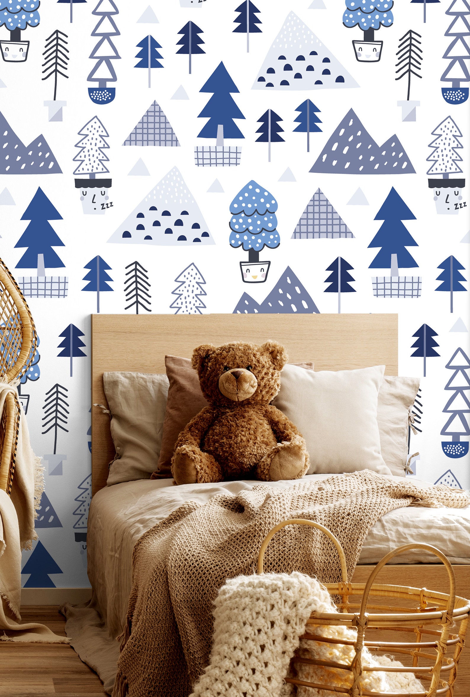 White Wallpaper With Blue Tree Pattern for Kids Self - Etsy