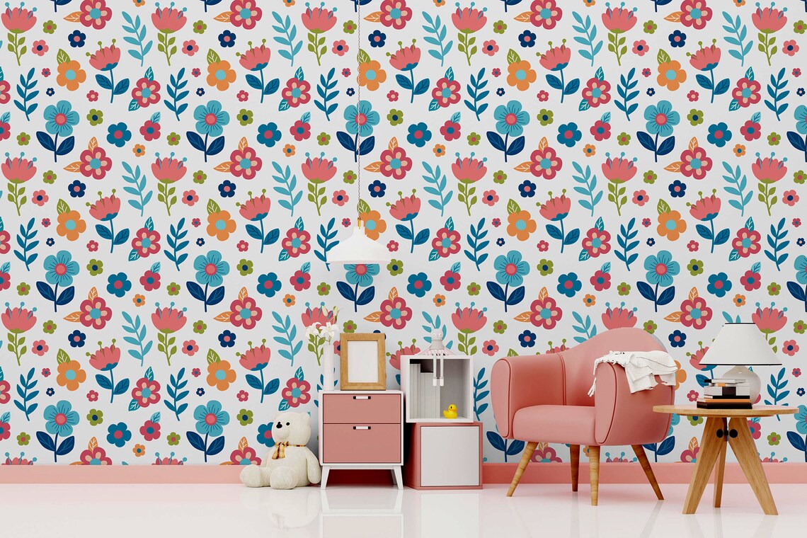 Colorful Wallpaper With Vector Flower Pattern, Wallpaper for Kids, Self ...