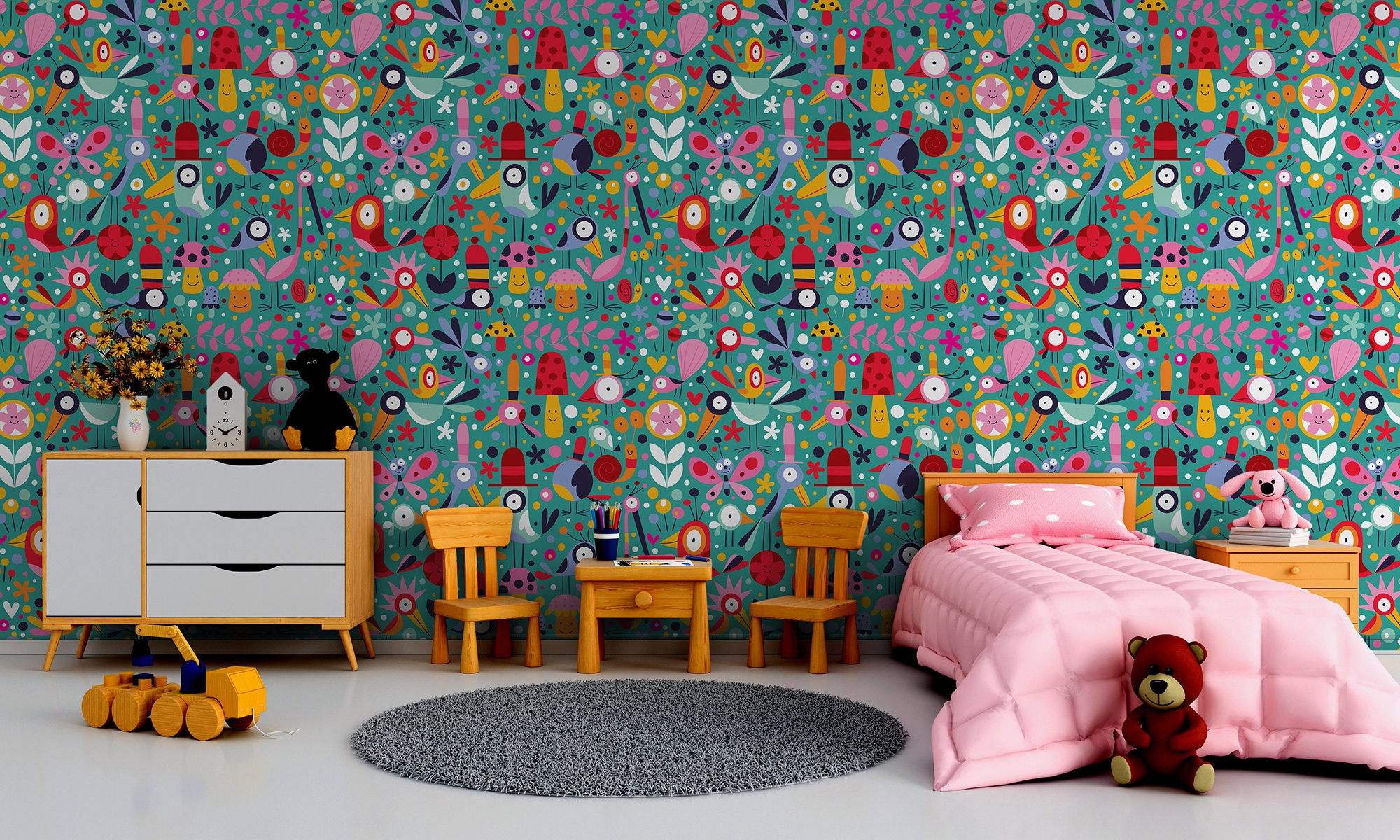 Colorful Wallpaper With Birds and Mushrooms for Kids Self | Etsy