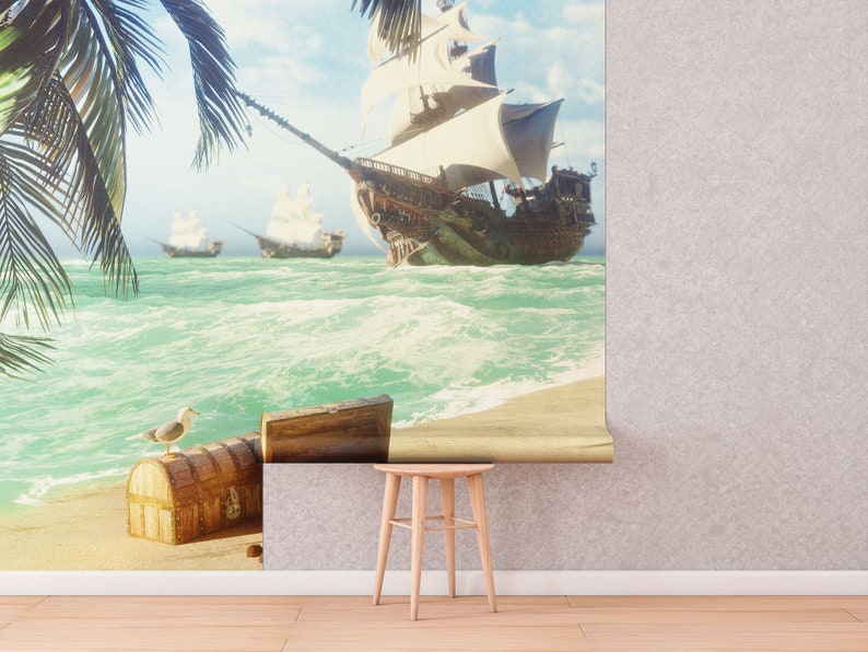 Pirate Ship Wallpaper Marine Mural Tropics Ocean Beach - Etsy
