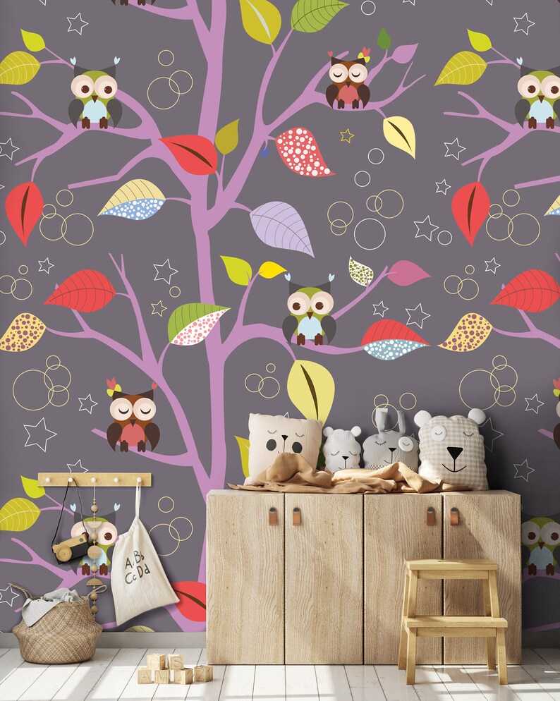 Purple Wallpaper With Tree and Owl Pattern || for Kids, Self Adhesive ...