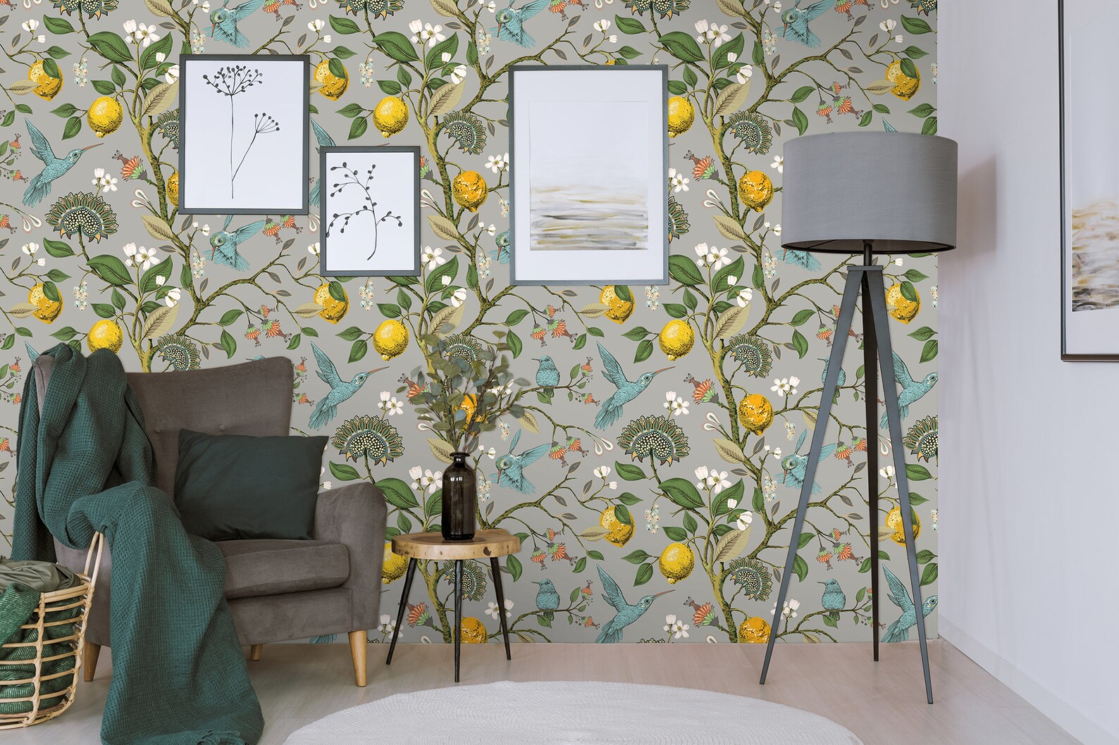 Wallpaper With Blue Birds and Lemon Fruits, Self Adhesive, Peel and ...