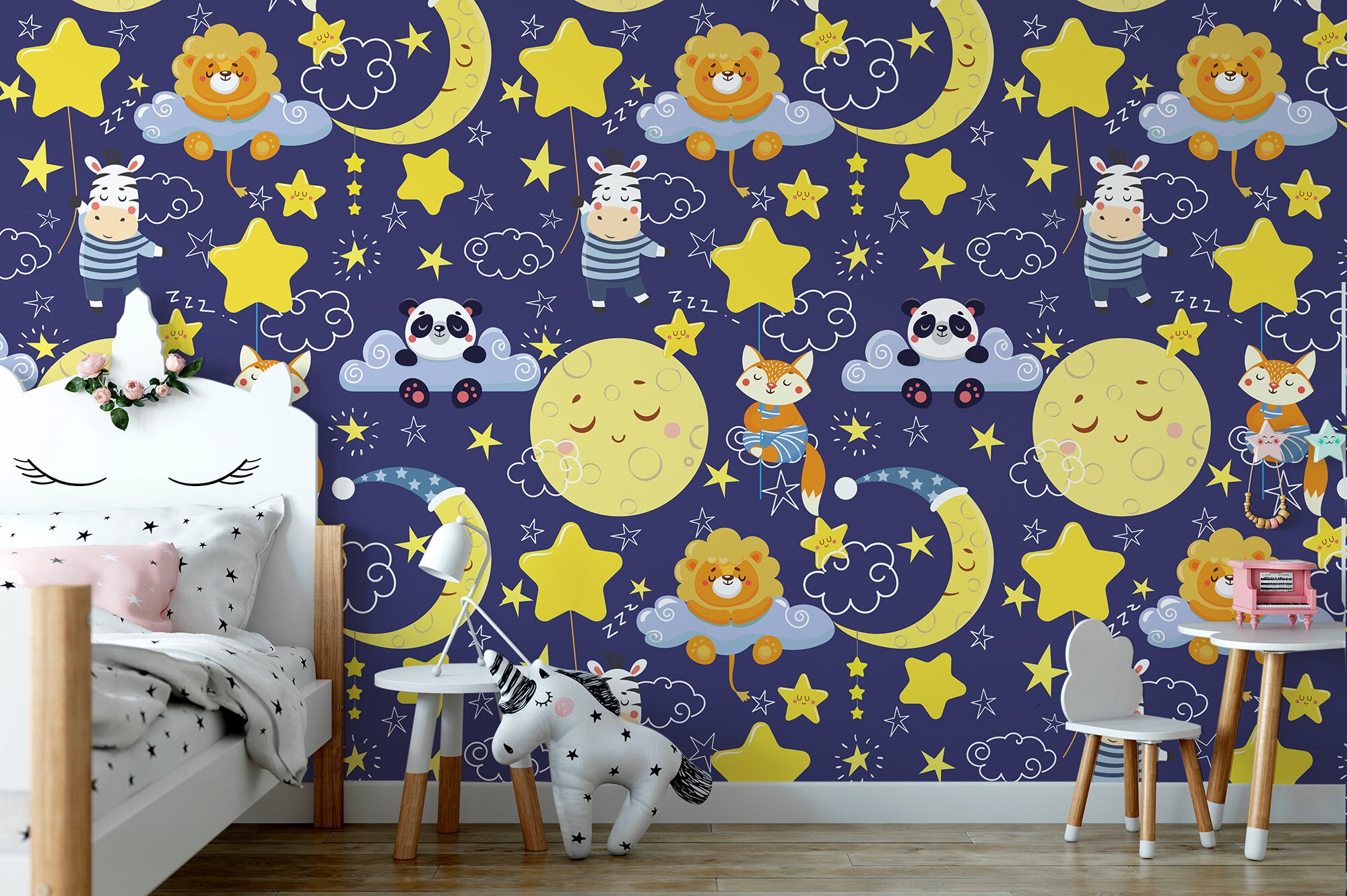 Night Wallpaper With Moon Stars and Sleepy Animals for Kids - Etsy
