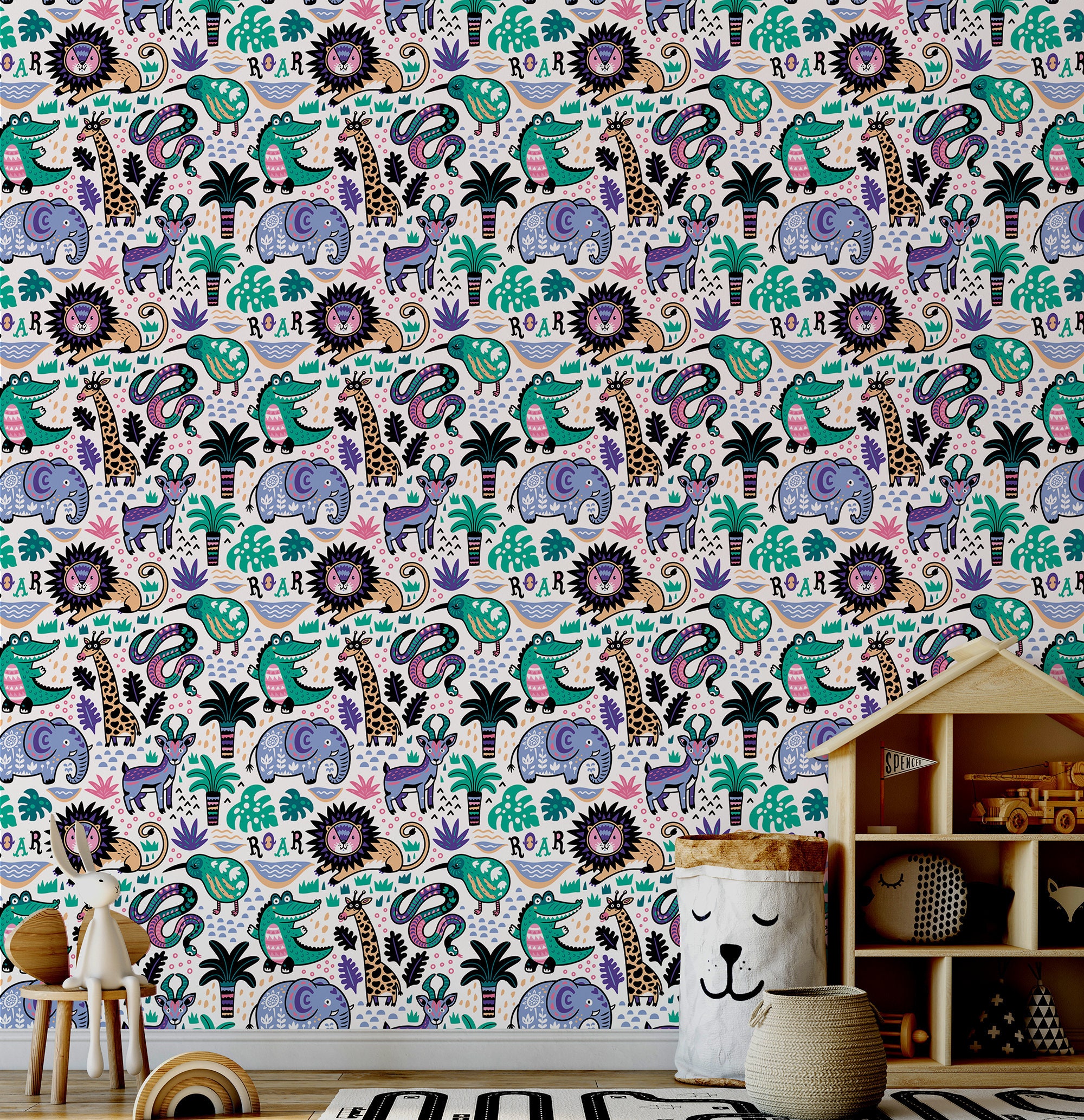 Cartoon wallpaper with small tropical animals and plants | Etsy