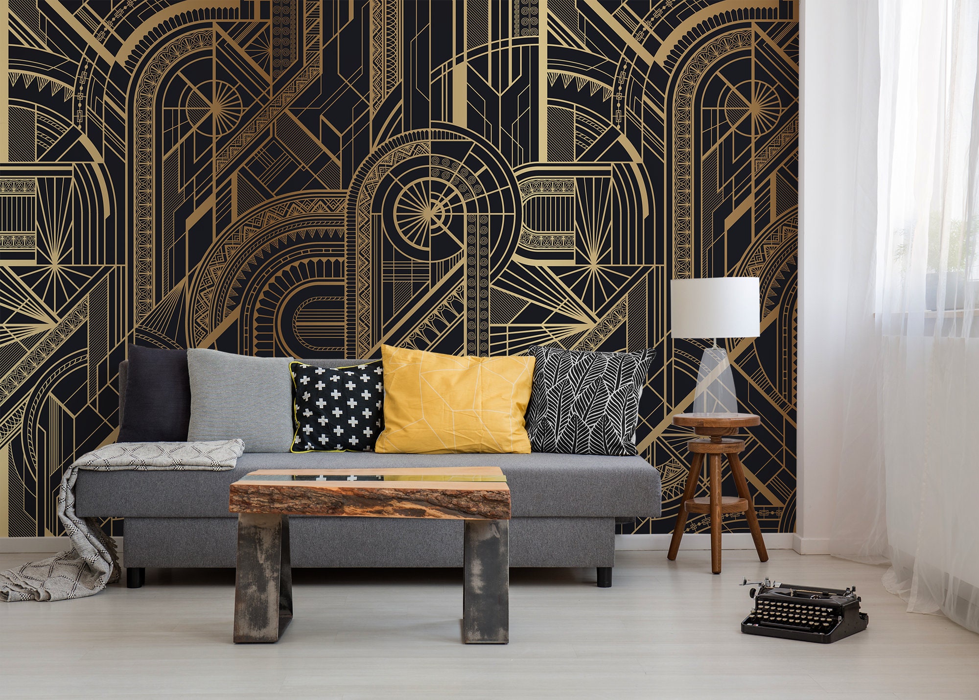 Dark and Yellow Matte Geometric Art Deco Pattern Wallpaper no - Etsy