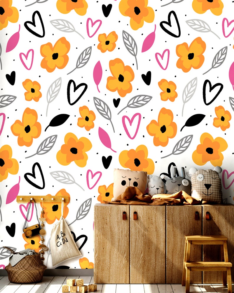 Wallpaper With Flowers Leaves and Hearts for Kids Self - Etsy