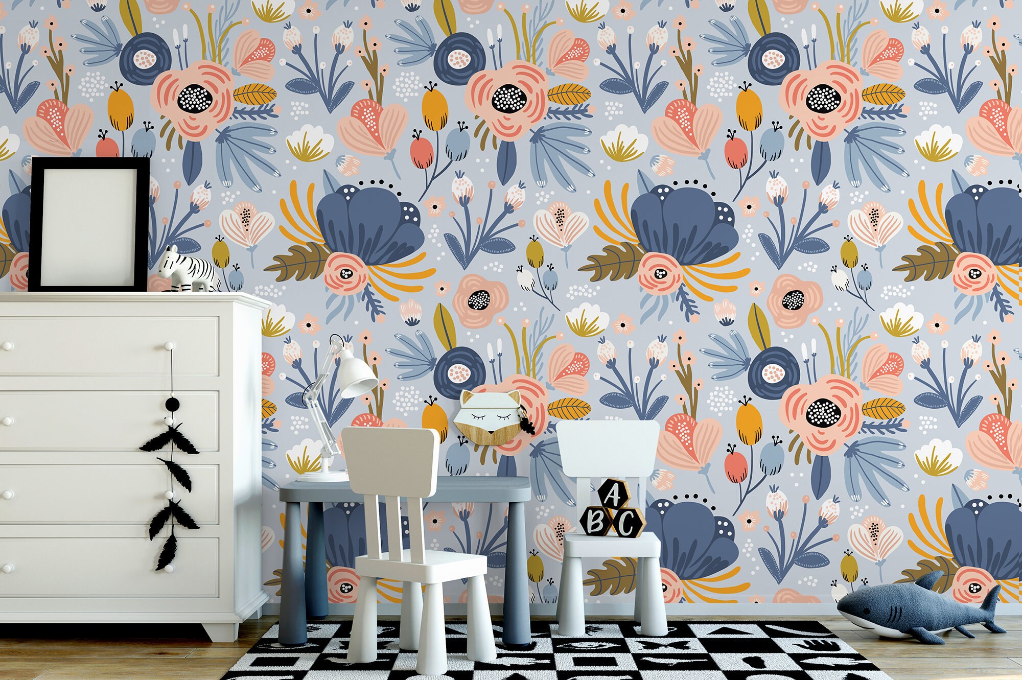 Blue Wallpaper With Colorful Cartoon Floral Pattern || for Kids, Self ...