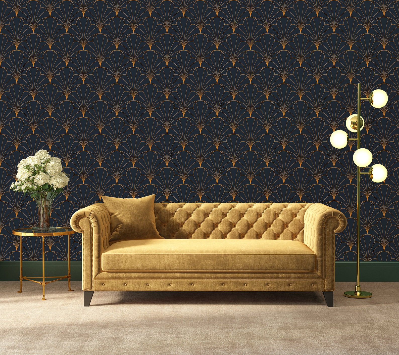 Navy and Yellow Art Deco Geometric Pattern Wallpaper, Self Adhesive ...