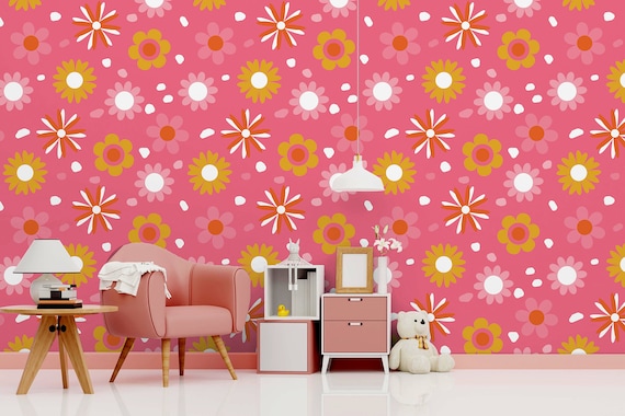 Pink Childish Wallpaper With Flowery Big Pattern for Kids | Etsy