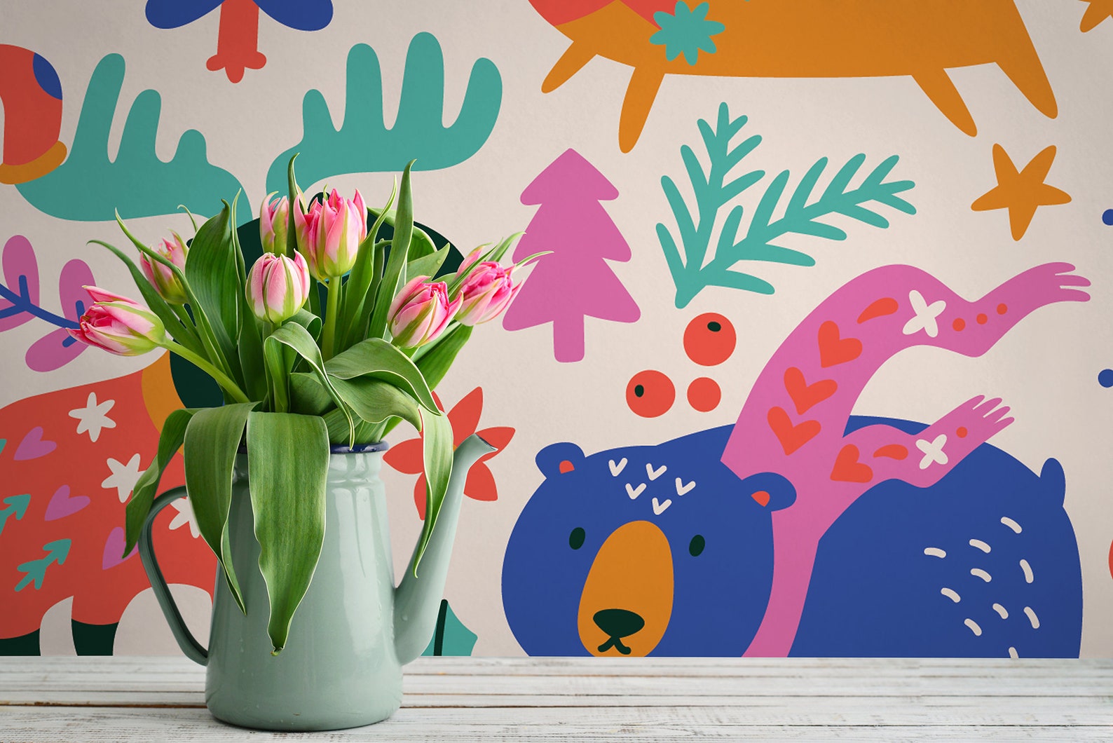 Colorful Woodland Wallpaper With Animals for Kids Self - Etsy