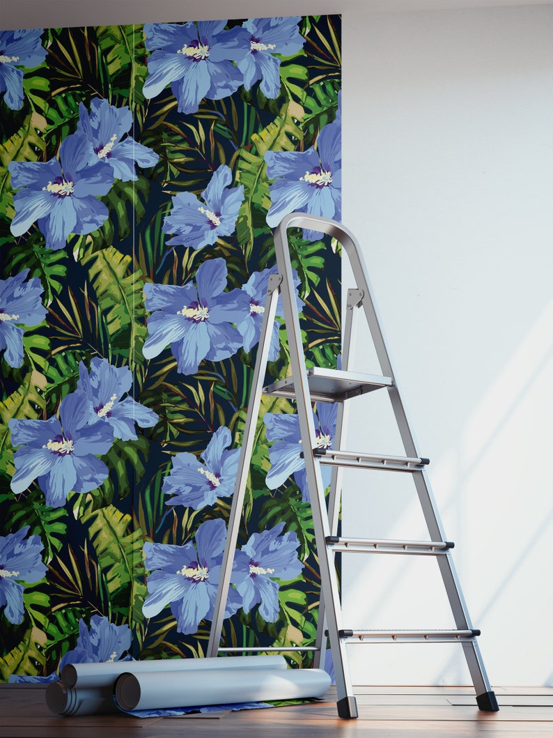 Tropical Blue Flower Pattern Wallpaper Peel and Stick - Etsy