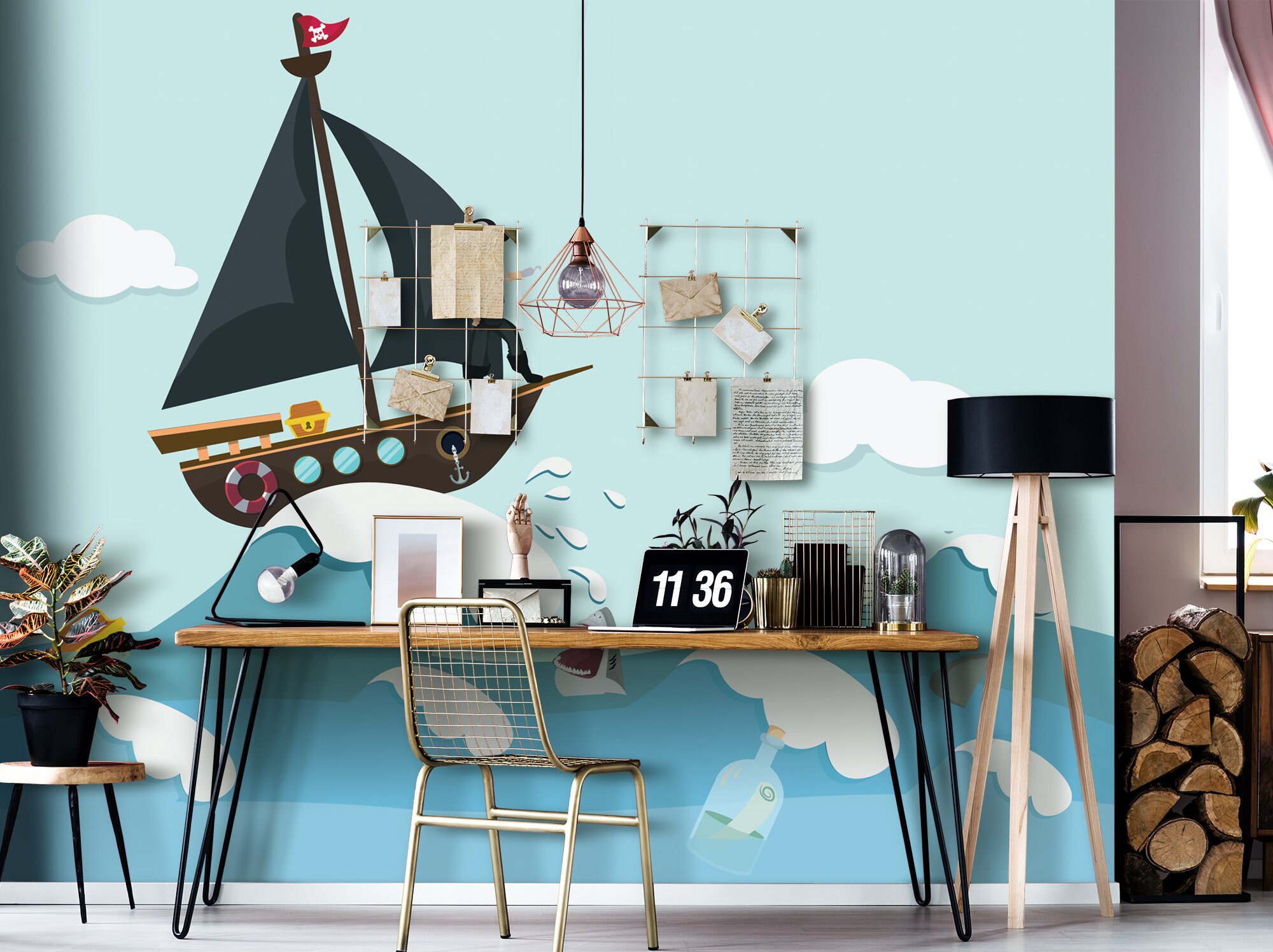 Cartoon Wallpaper With Pirate Ship on Sea || for Kids, Self Adhesive ...