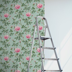 Mint Green Wallpaper With Beautiful Pink Blooming Roses || Peel and ...