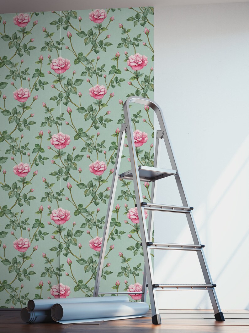 Mint Green Wallpaper With Beautiful Pink Blooming Roses - Etsy