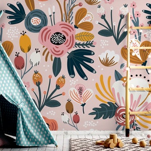 Pink Cartoon Wallpaper With Flower Pattern || for Kids, Self Adhesive ...