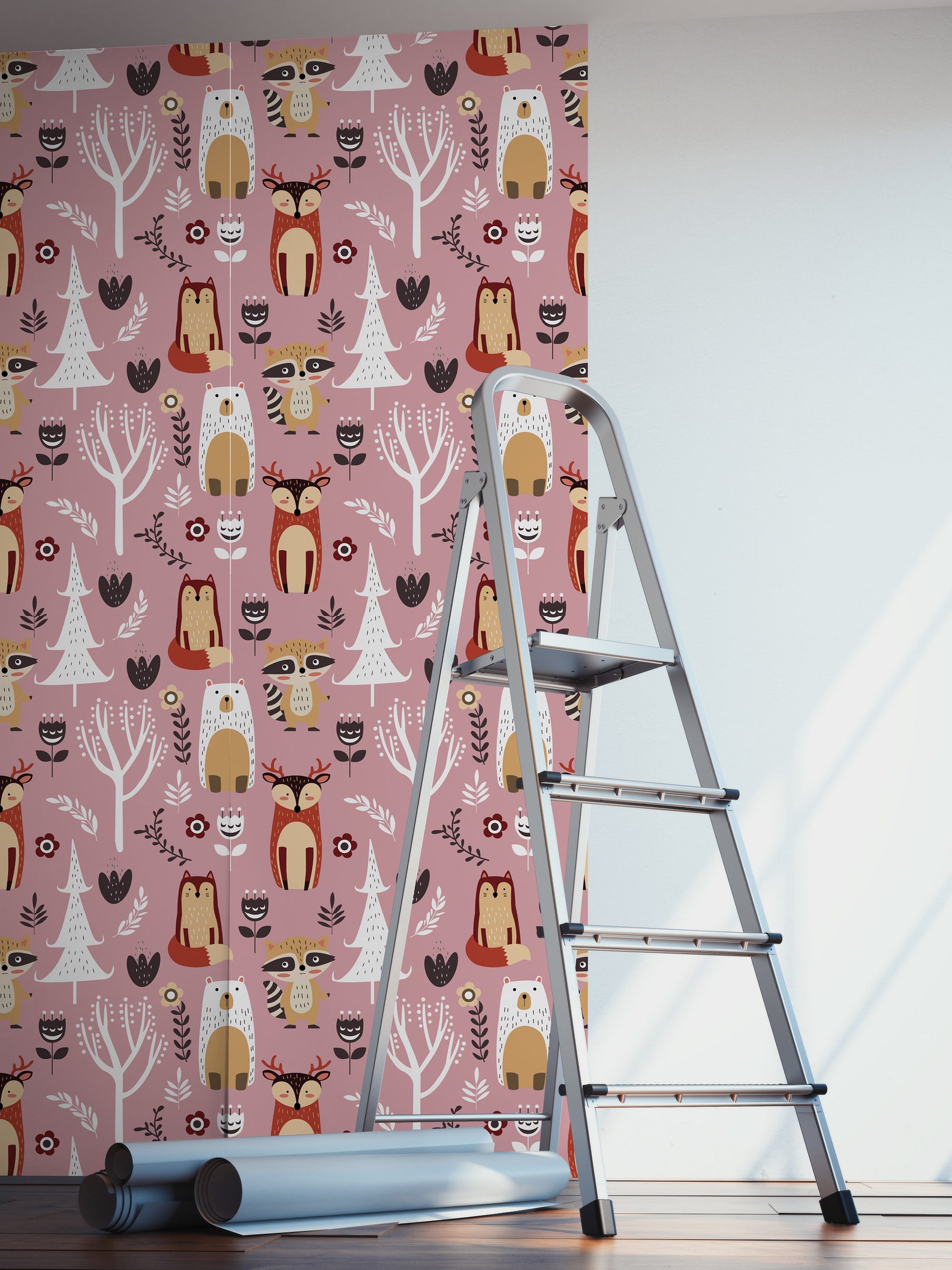 Pink Wallpaper With Cute Animals and Trees Wallpaper for | Etsy
