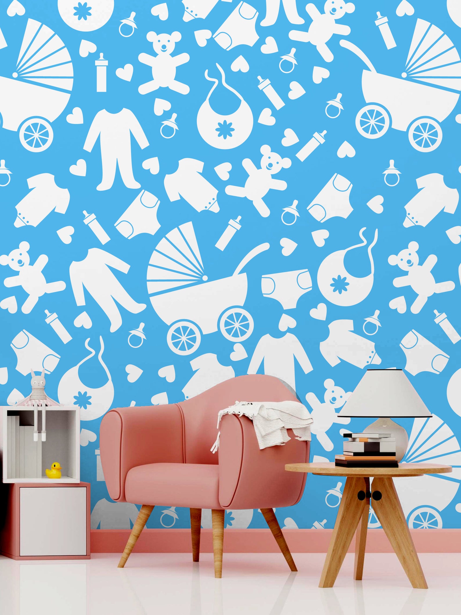 Blue Wallpaper With Baby Pattern, Self Adhesive, Peel and Stick Wall ...