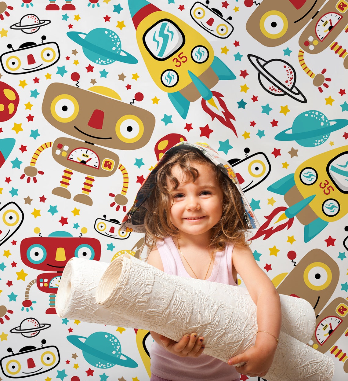 White Wallpaper With Space Planets and Rocket Pattern || for Kids, Self ...